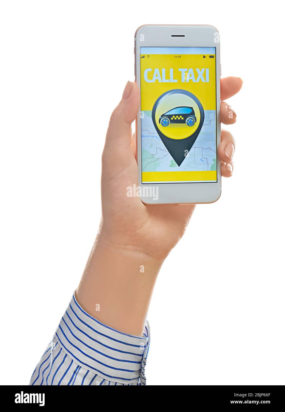 Hand holding cell phone with "Call taxi" application, isolated on white ...