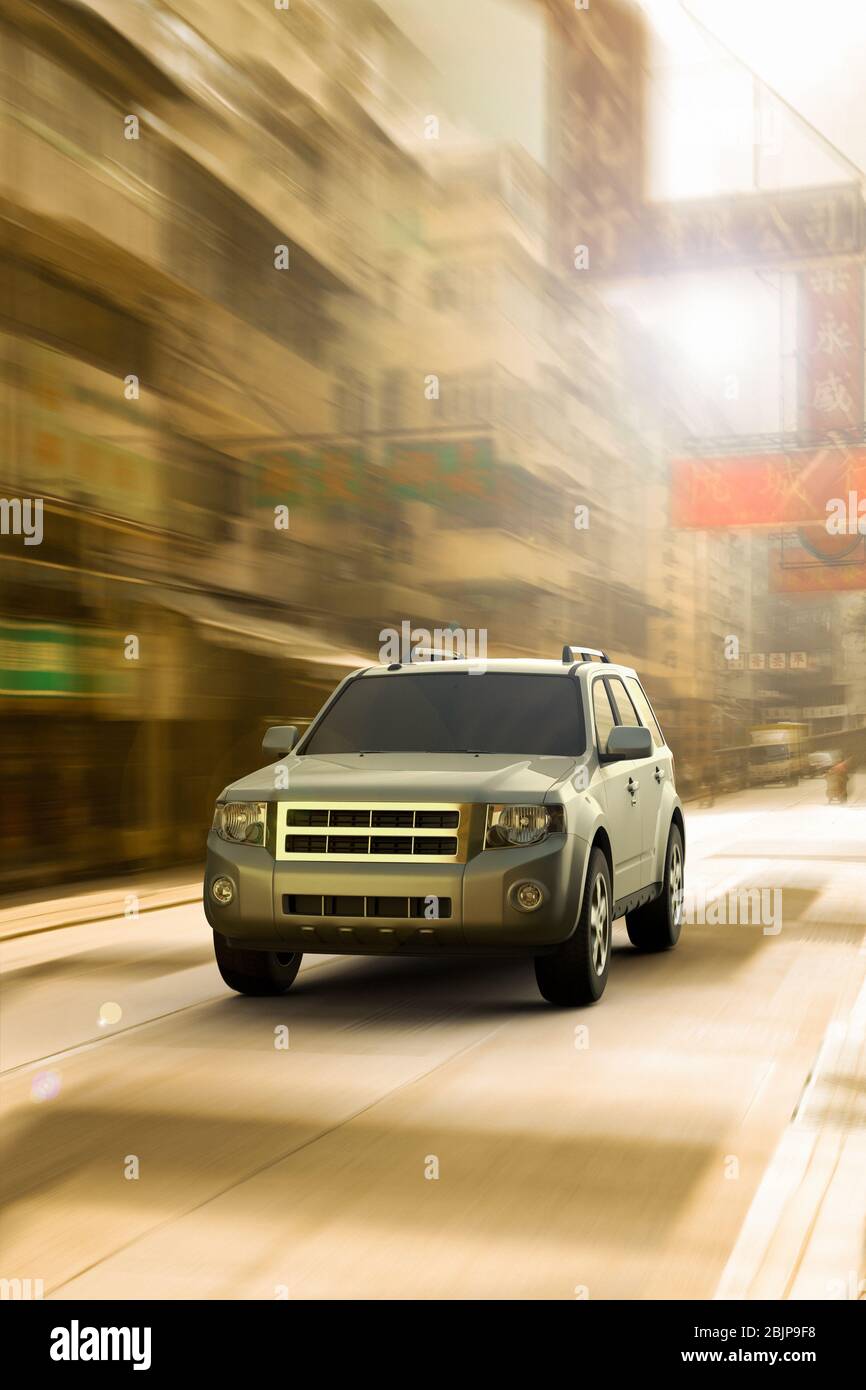 3D rendering of a SUV on motion at the streets of Hong Kong in the ...