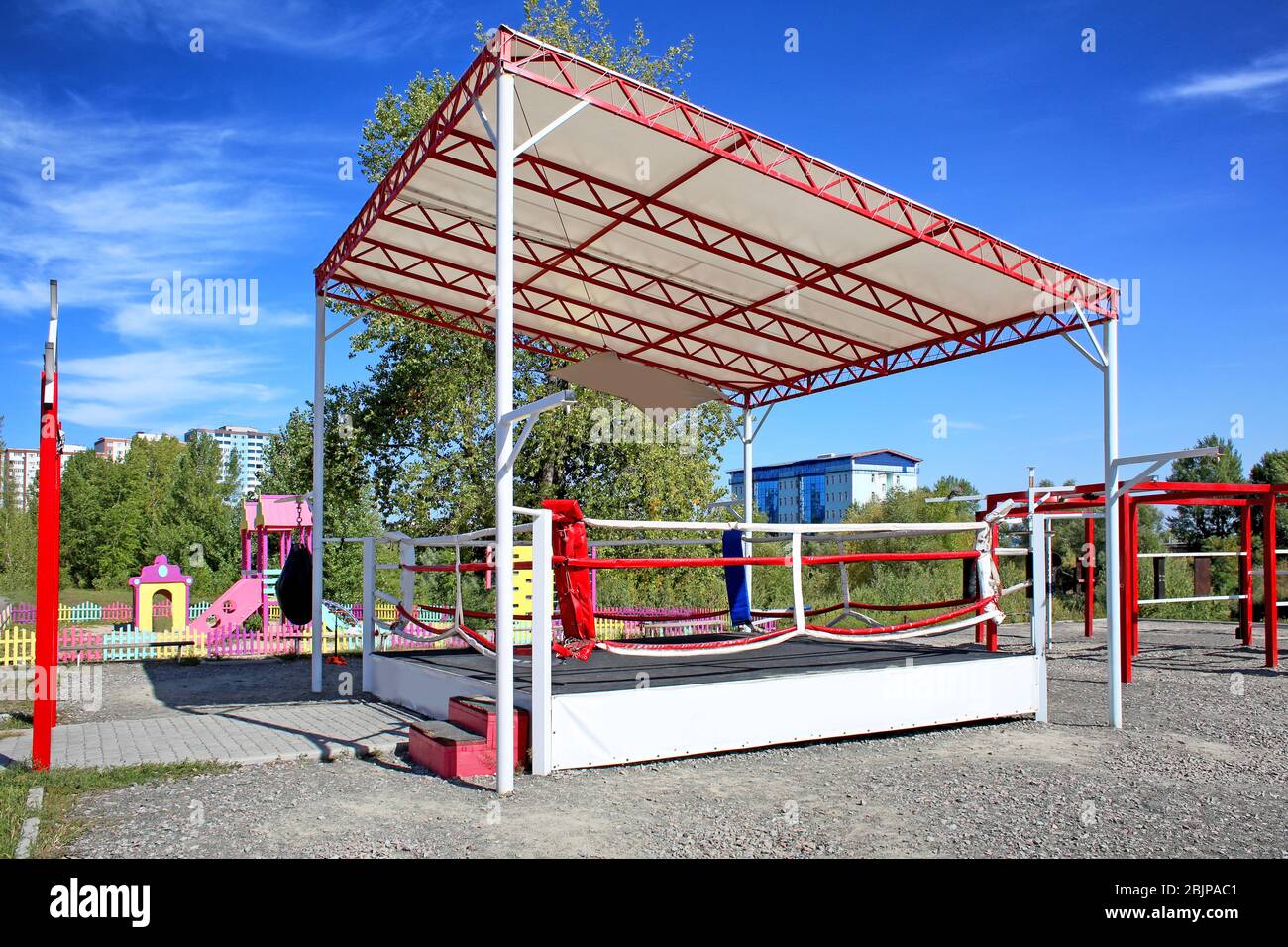 Boxing ring prepared for competition, outdoors Stock Photo - Alamy