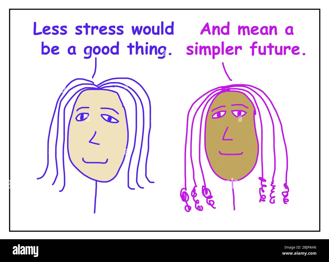 Color cartoon of two ethnically diverse women saying that less stress ...