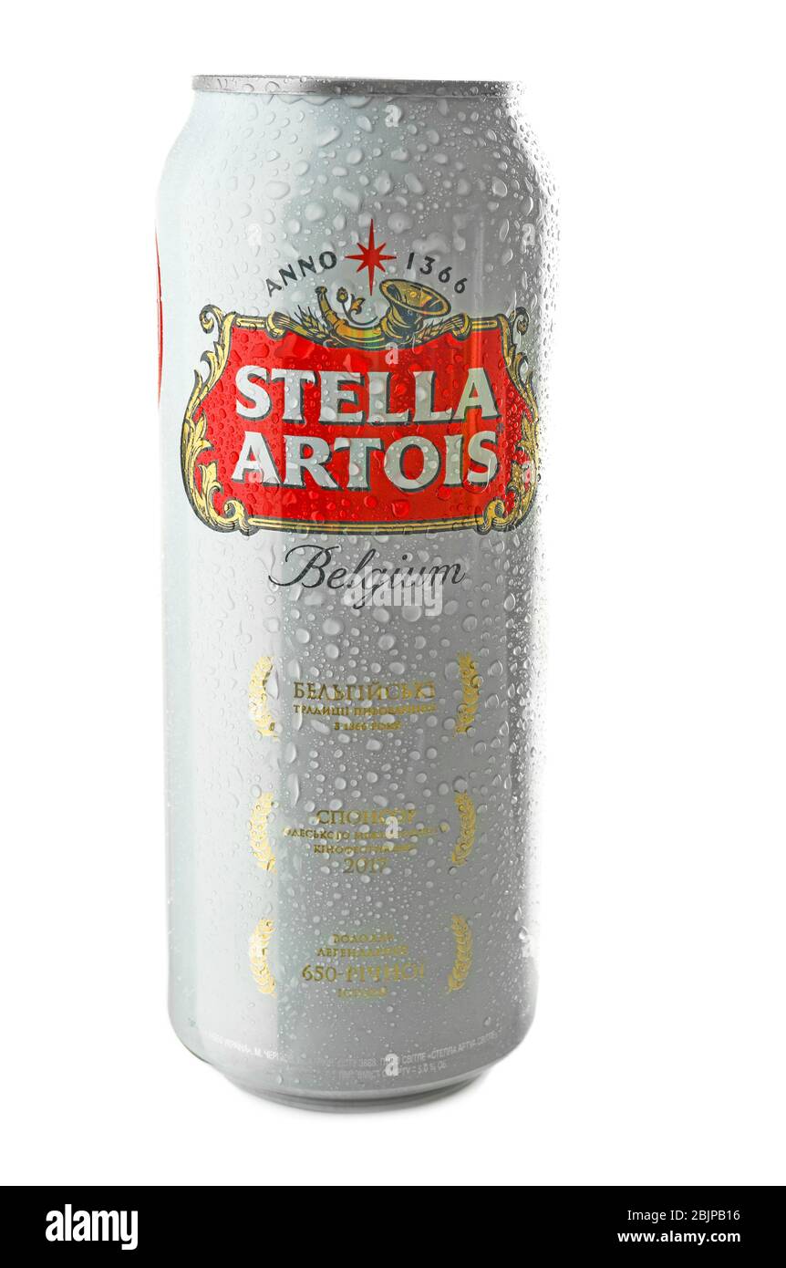 KYIV, UKRAINE - SEPTEMBER 18, 2017: Can of Stella Artois on white ...