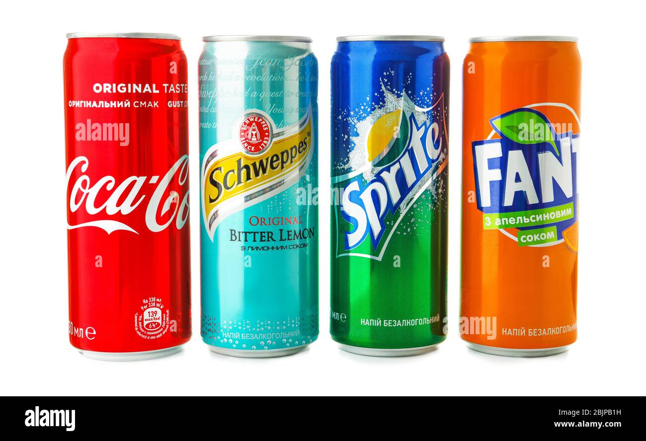 KYIV, UKRAINE - SEPTEMBER 18, 2017: Cans of Coca-Cola, Schweppes ...