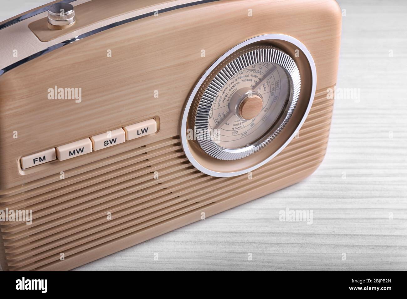 Stylish radio on wooden background Stock Photo - Alamy