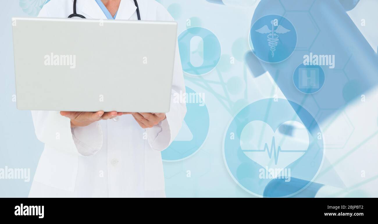 Digital illustration of a doctor holding a laptop over medical icons ...