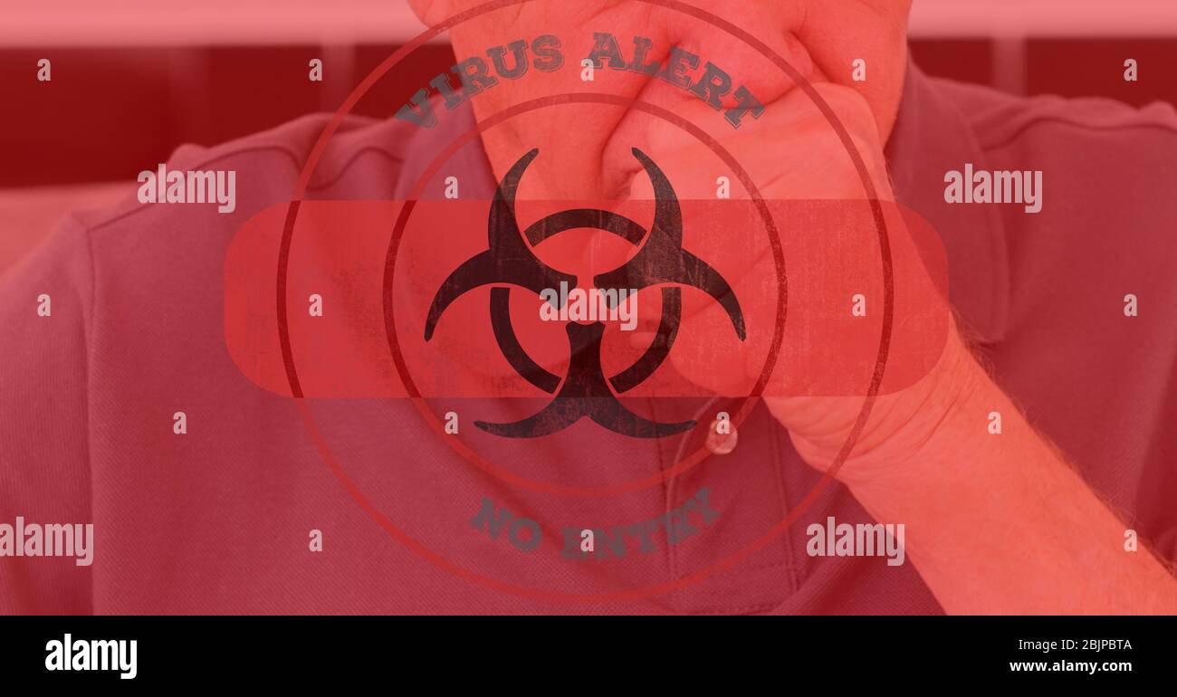 Digital illustration of a person coughing over a hazard sign with a ...