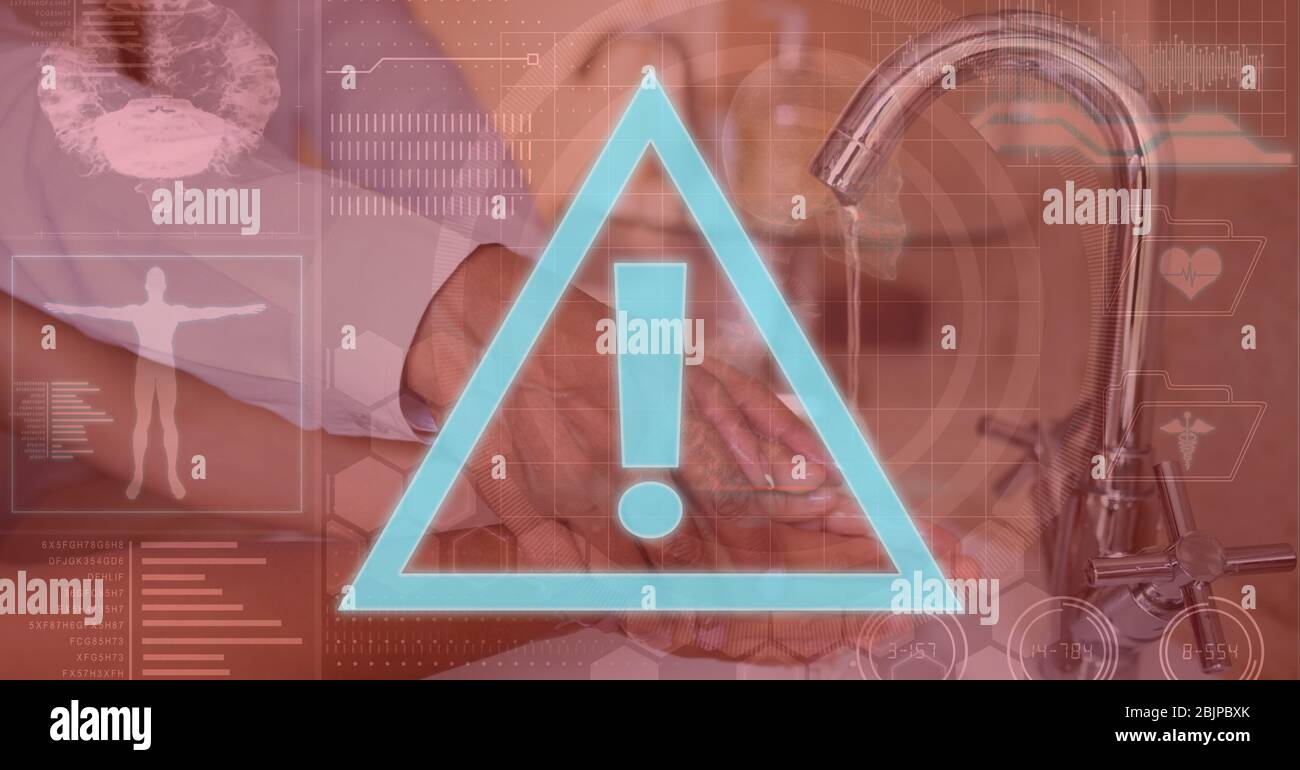 Digital illustration of a blue warning sign over a man washing his ...
