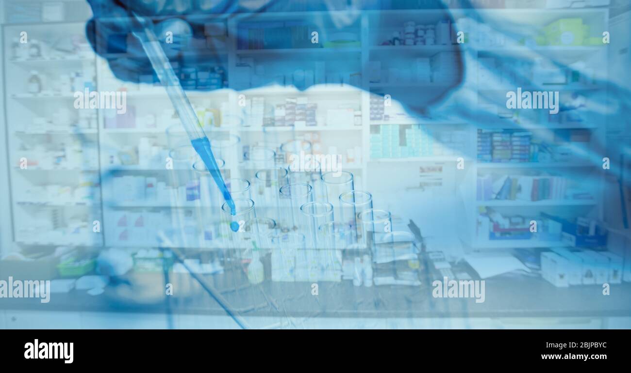 Digital illustration of a scientist using a pipette over an empty ...