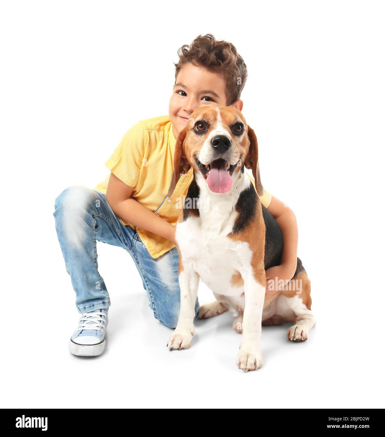 Cute little boy with dog on white background Stock Photo - Alamy