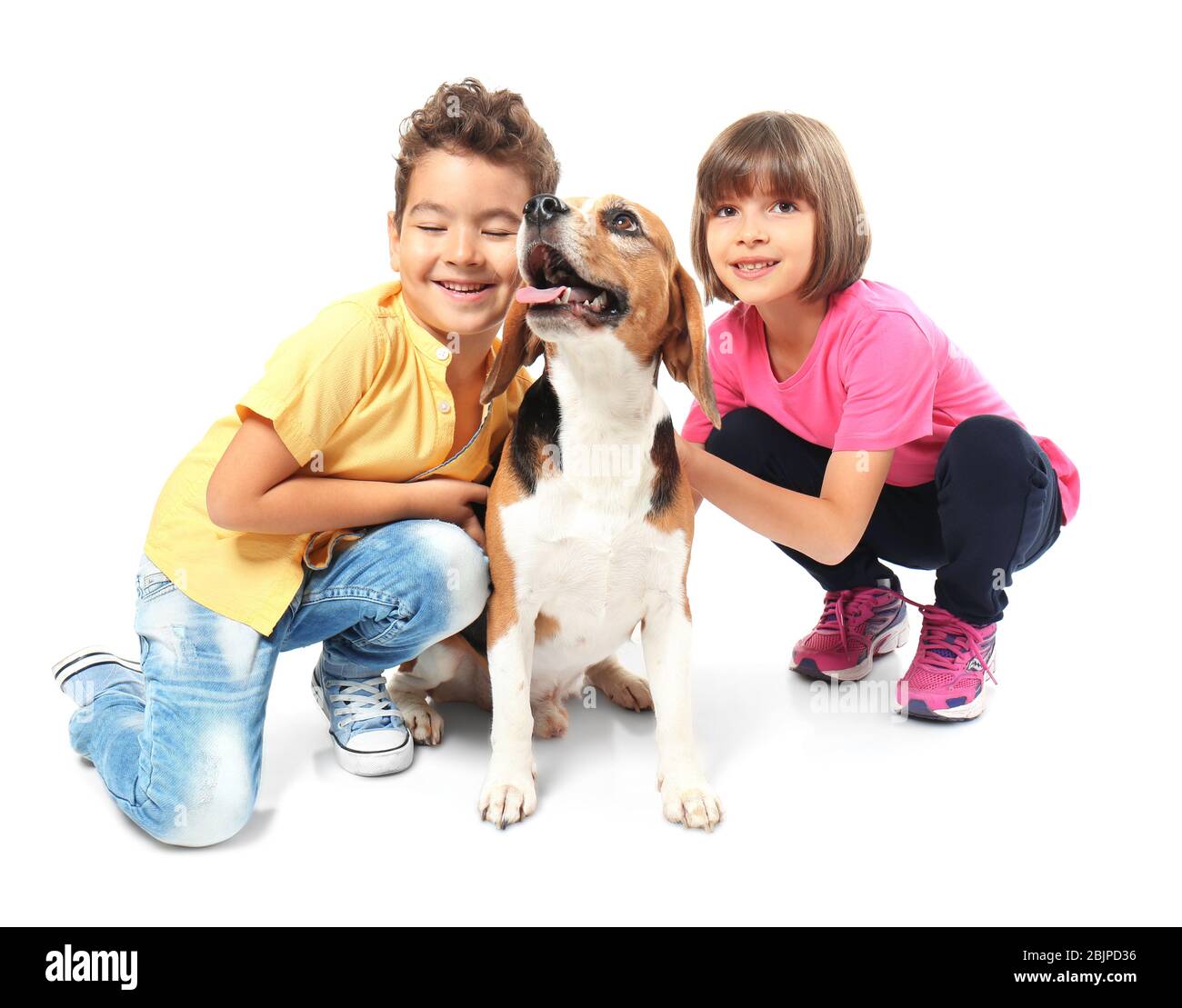 Cute children with dog on white background Stock Photo - Alamy