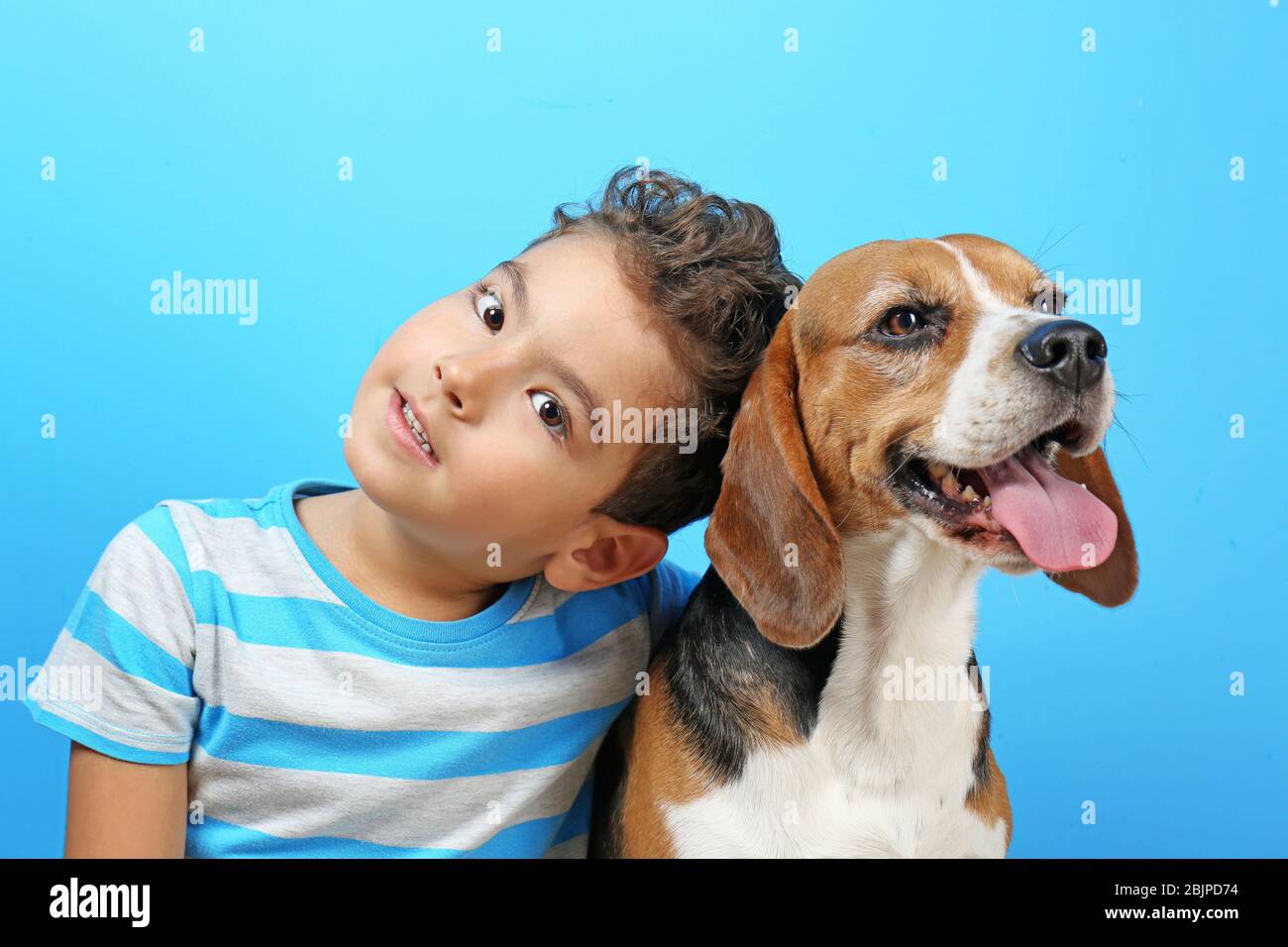 Cute boy with dog on color background Stock Photo - Alamy