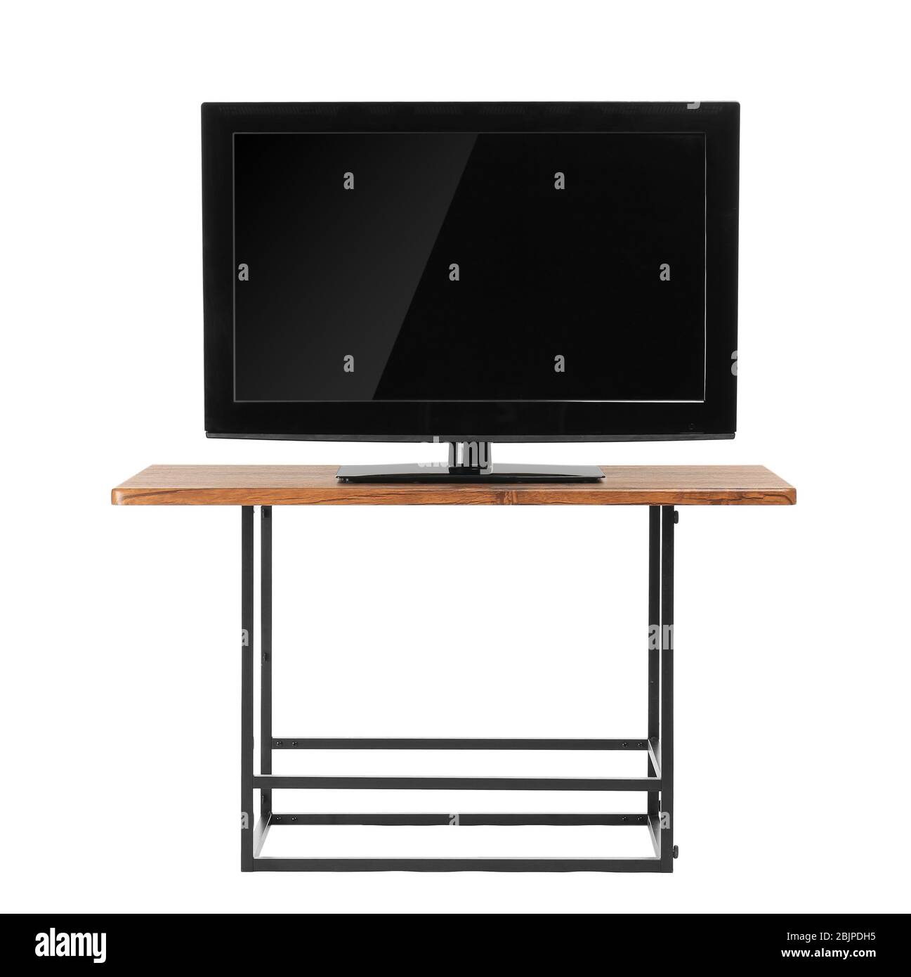 Modern TV set on stand, isolated on white Stock Photo - Alamy