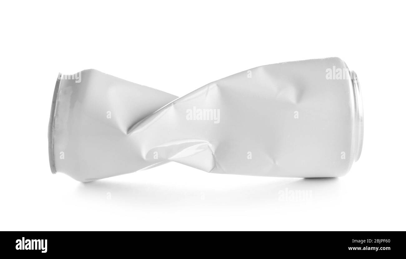 Crumpled empty can, isolated on white Stock Photo - Alamy