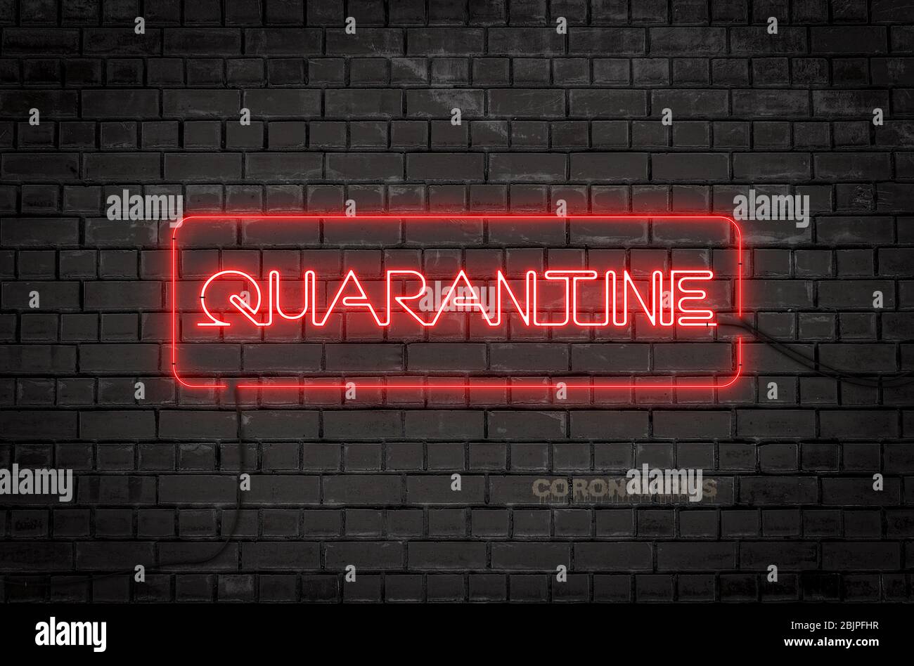 Illustration of a bright neon sign with the text "Quarantine" on a ...