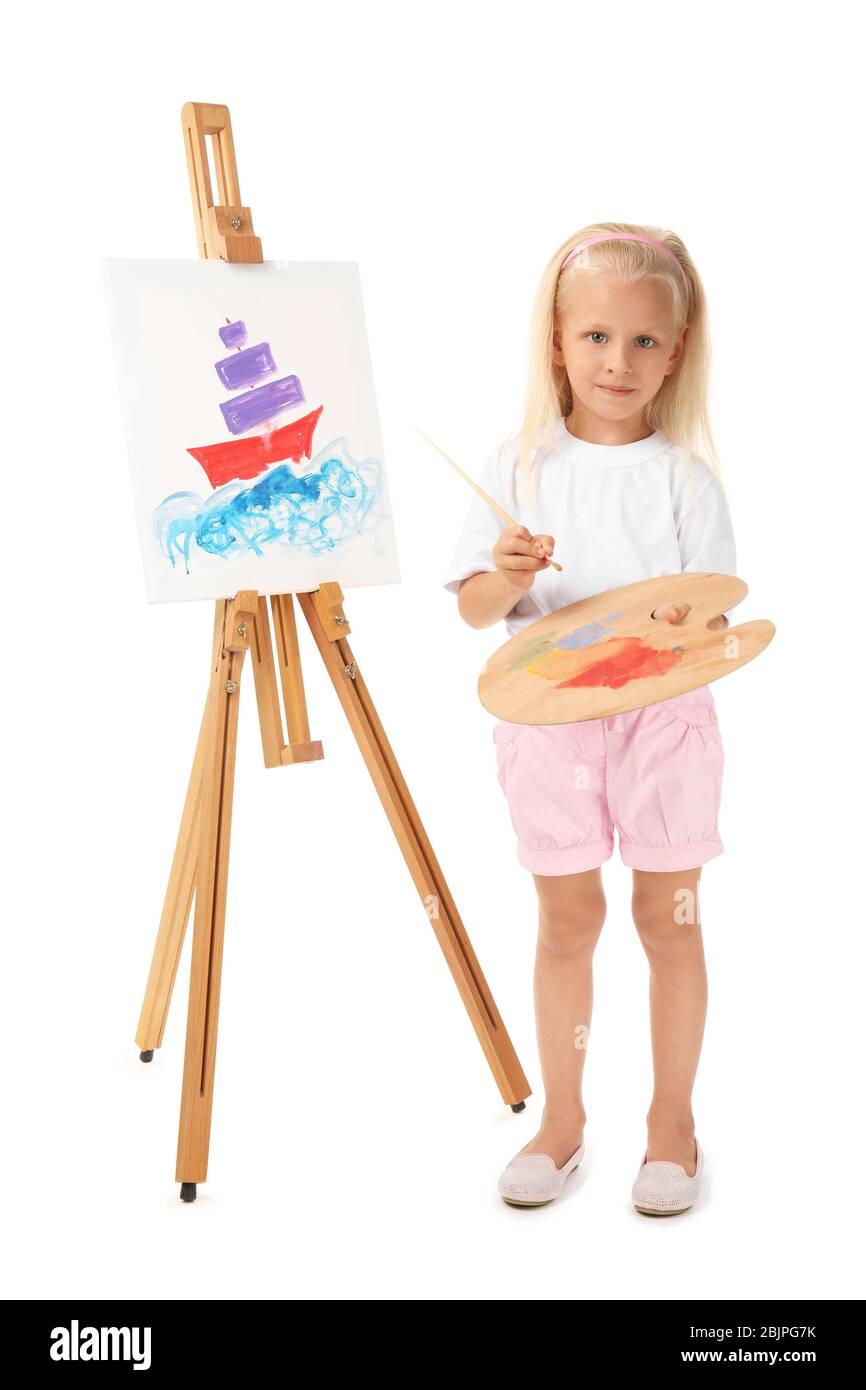 Cute little girl painting picture on canvas against white background ...