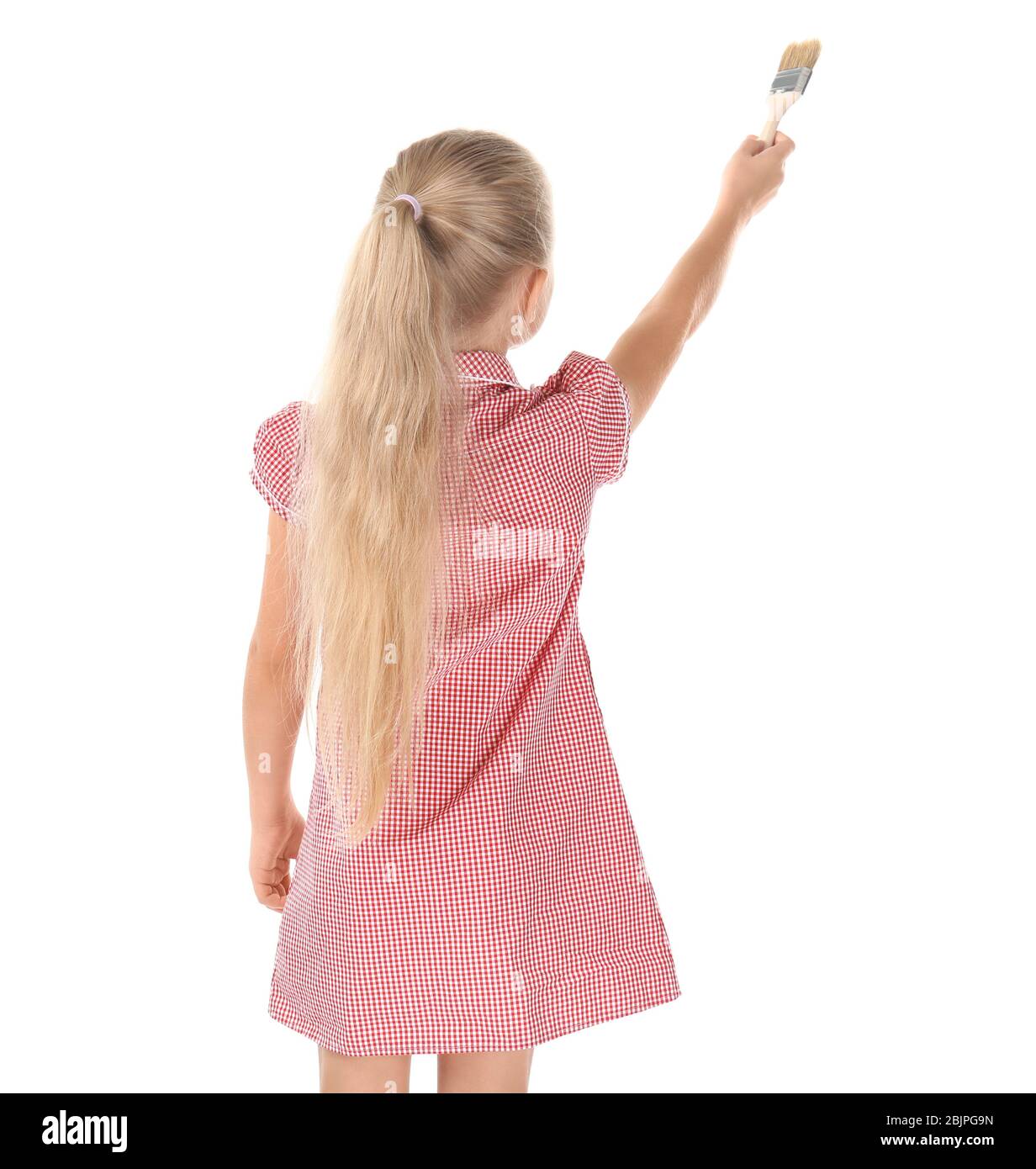 Cute little girl with brush painting against white background Stock ...