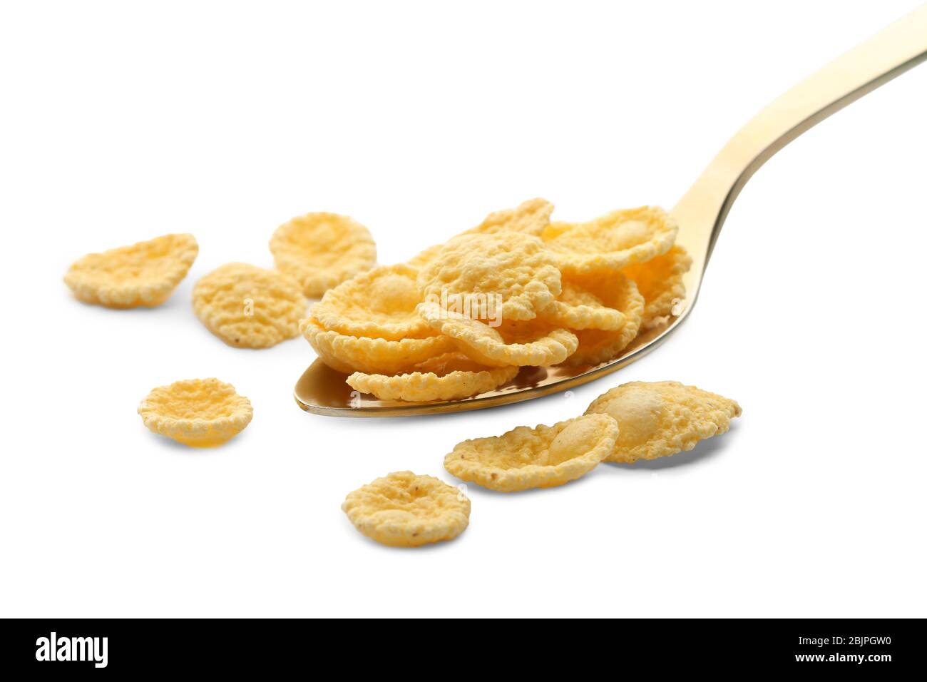 Spoon with tasty corn flakes on white background Stock Photo - Alamy