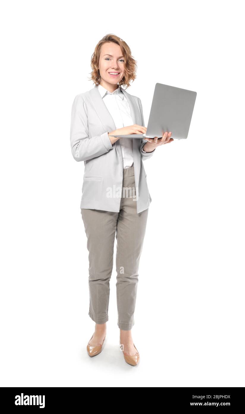 Female manager with laptop on white background Stock Photo - Alamy