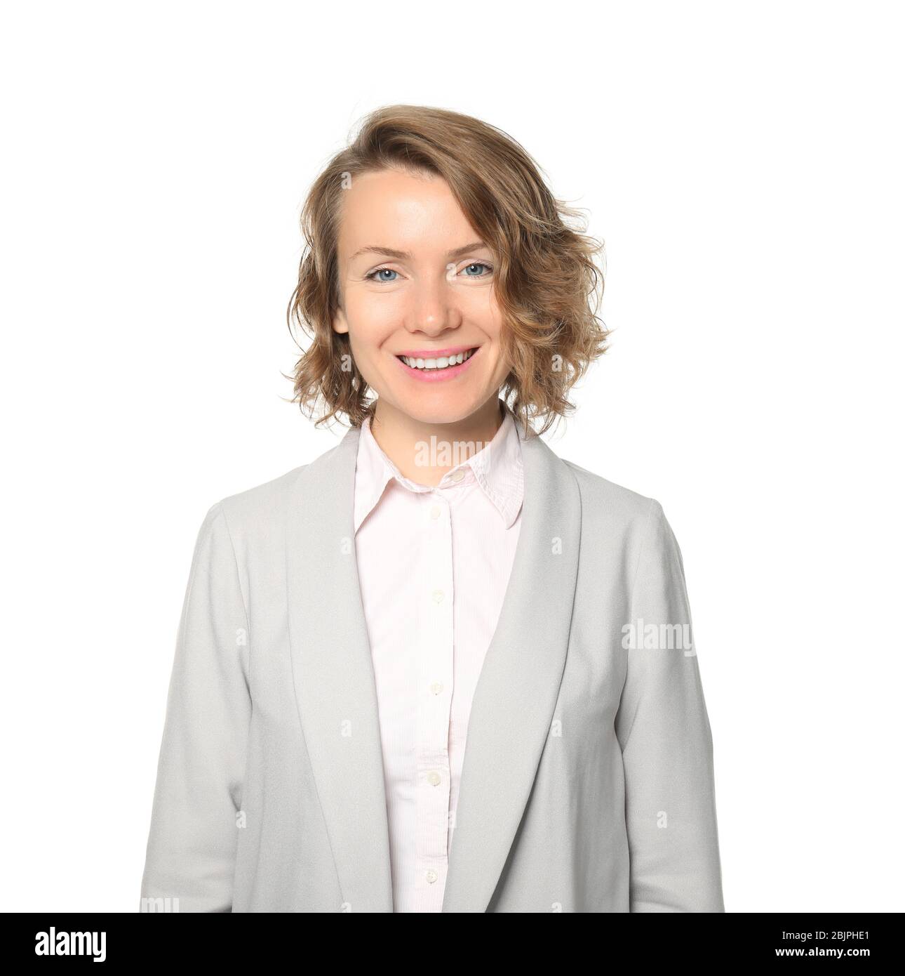 Female manager on white background Stock Photo - Alamy