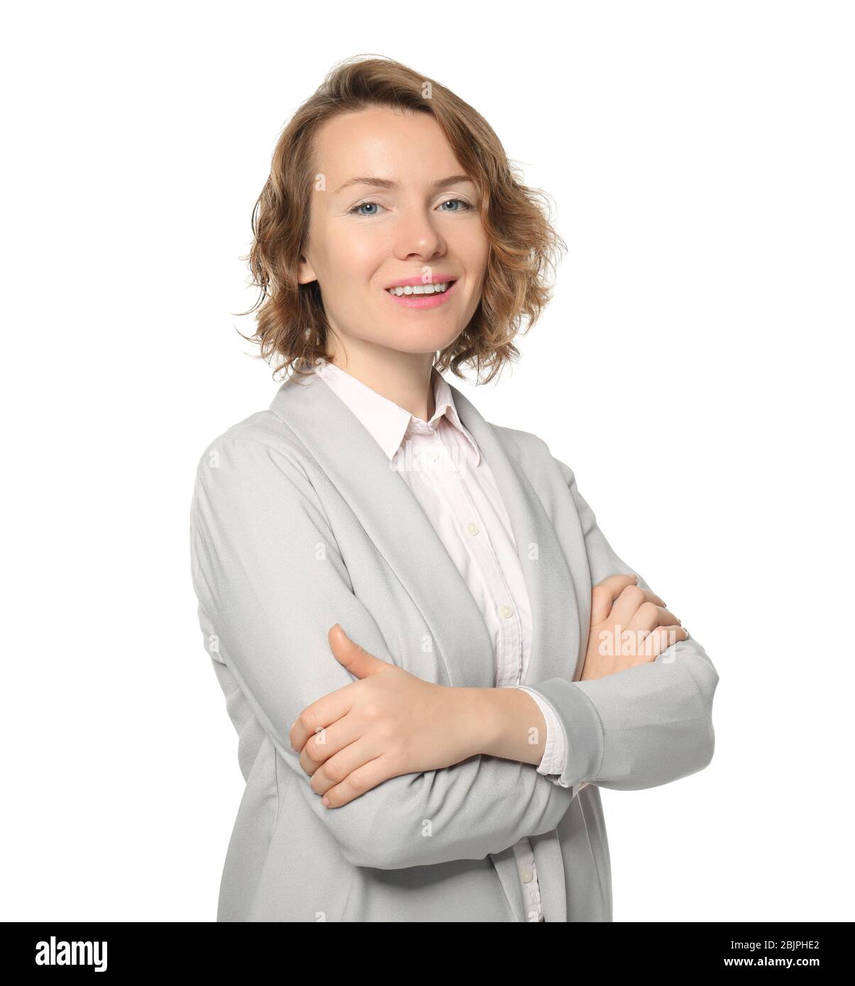 Female manager on white background Stock Photo - Alamy