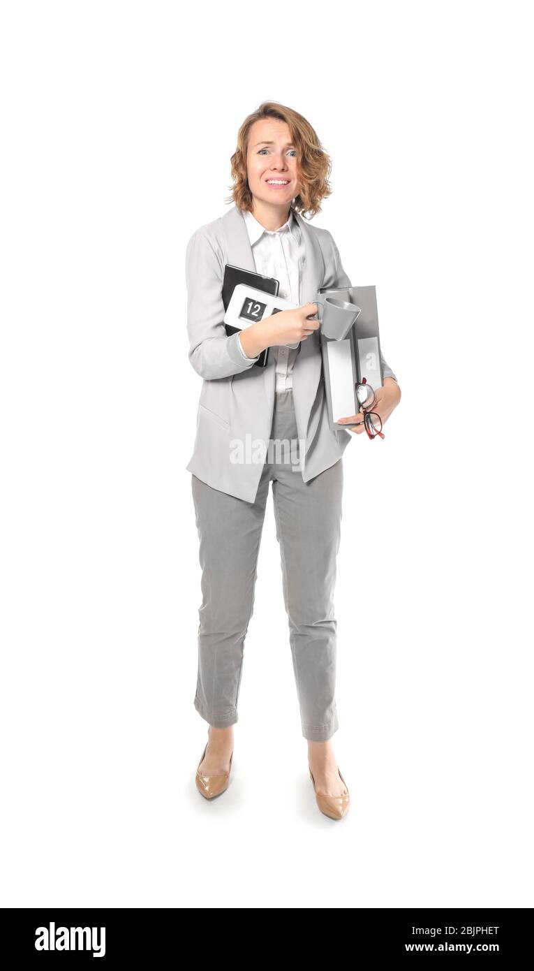 Female manager with different office stuff on white background Stock ...