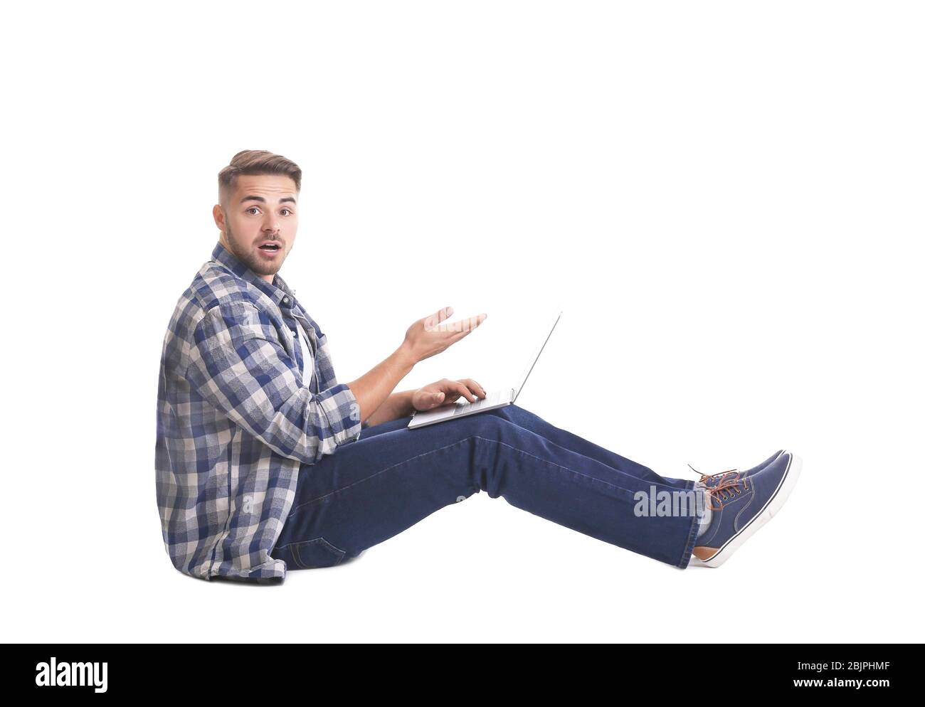 Young male blogger laptop Cut Out Stock Images & Pictures - Alamy
