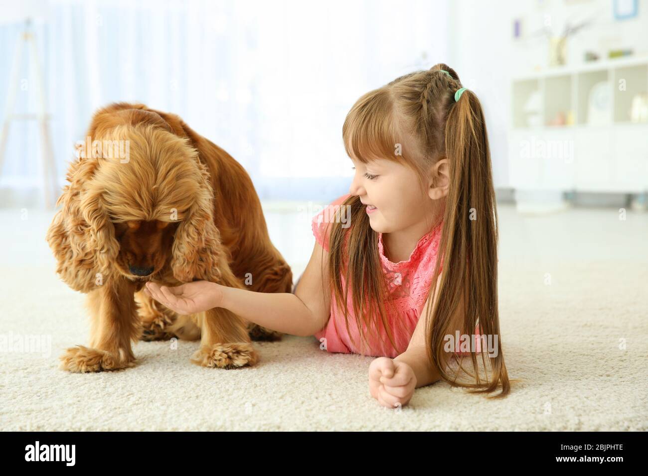 Cute little girl with dog at home Stock Photo - Alamy