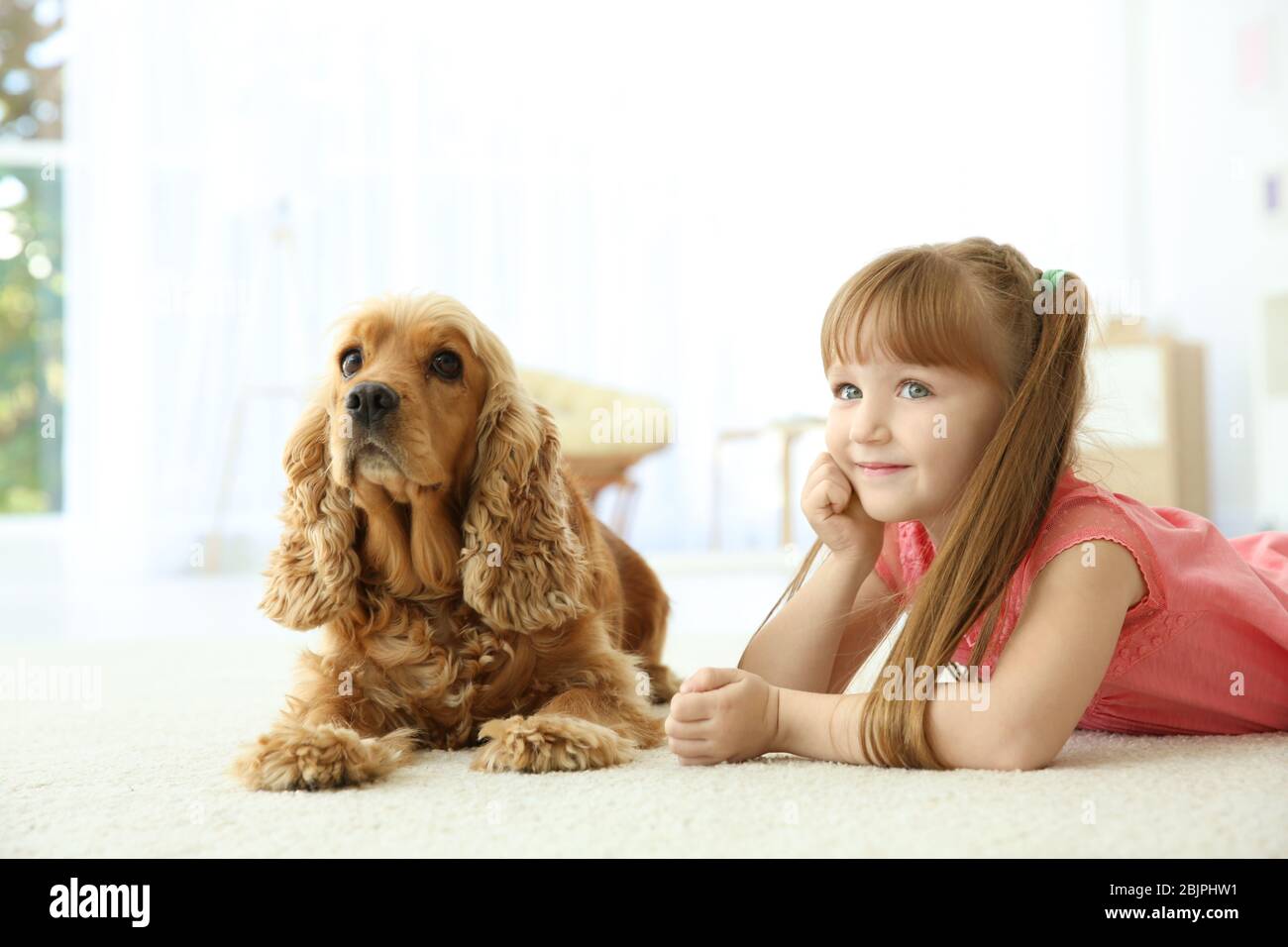 Cute little girl with dog at home Stock Photo - Alamy