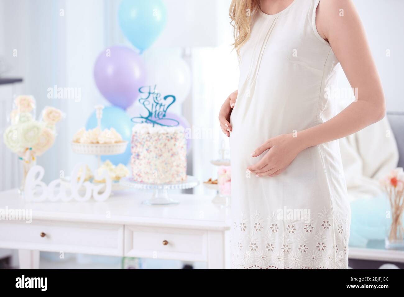 Pregnant woman at baby shower party, indoors Stock Photo - Alamy