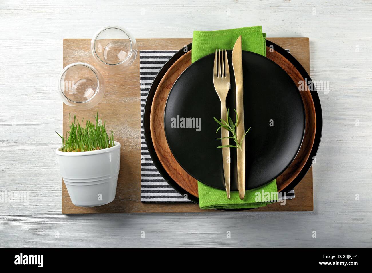 Top view of table setting for dinner in vegetarian cafe Stock Photo - Alamy