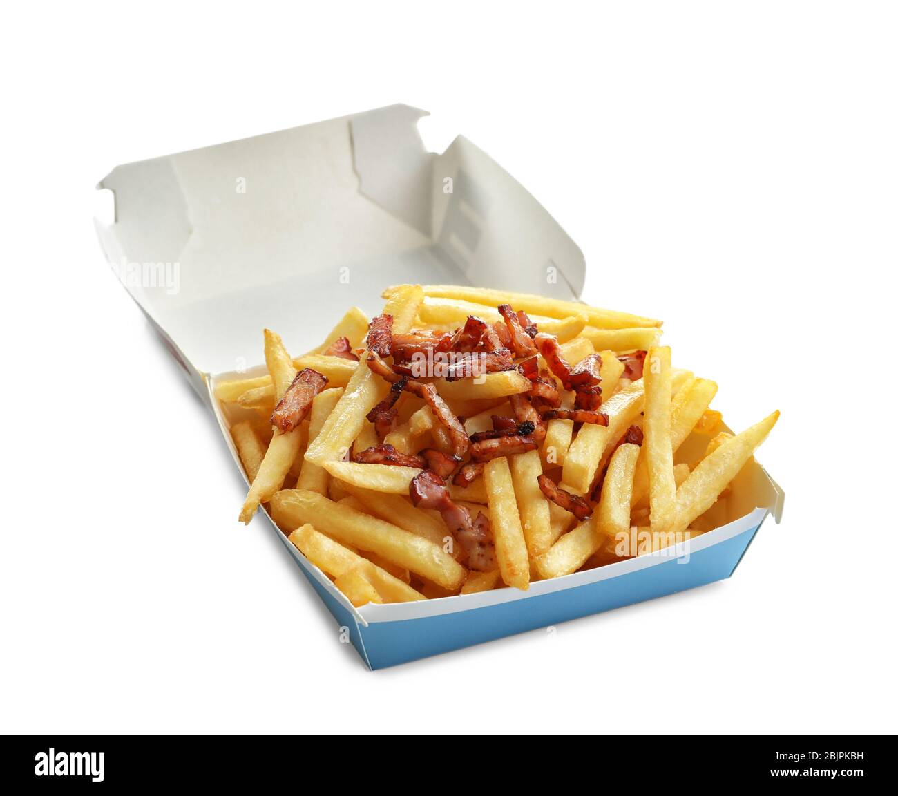 French fries and bacon in paper box, isolated on white Stock Photo - Alamy