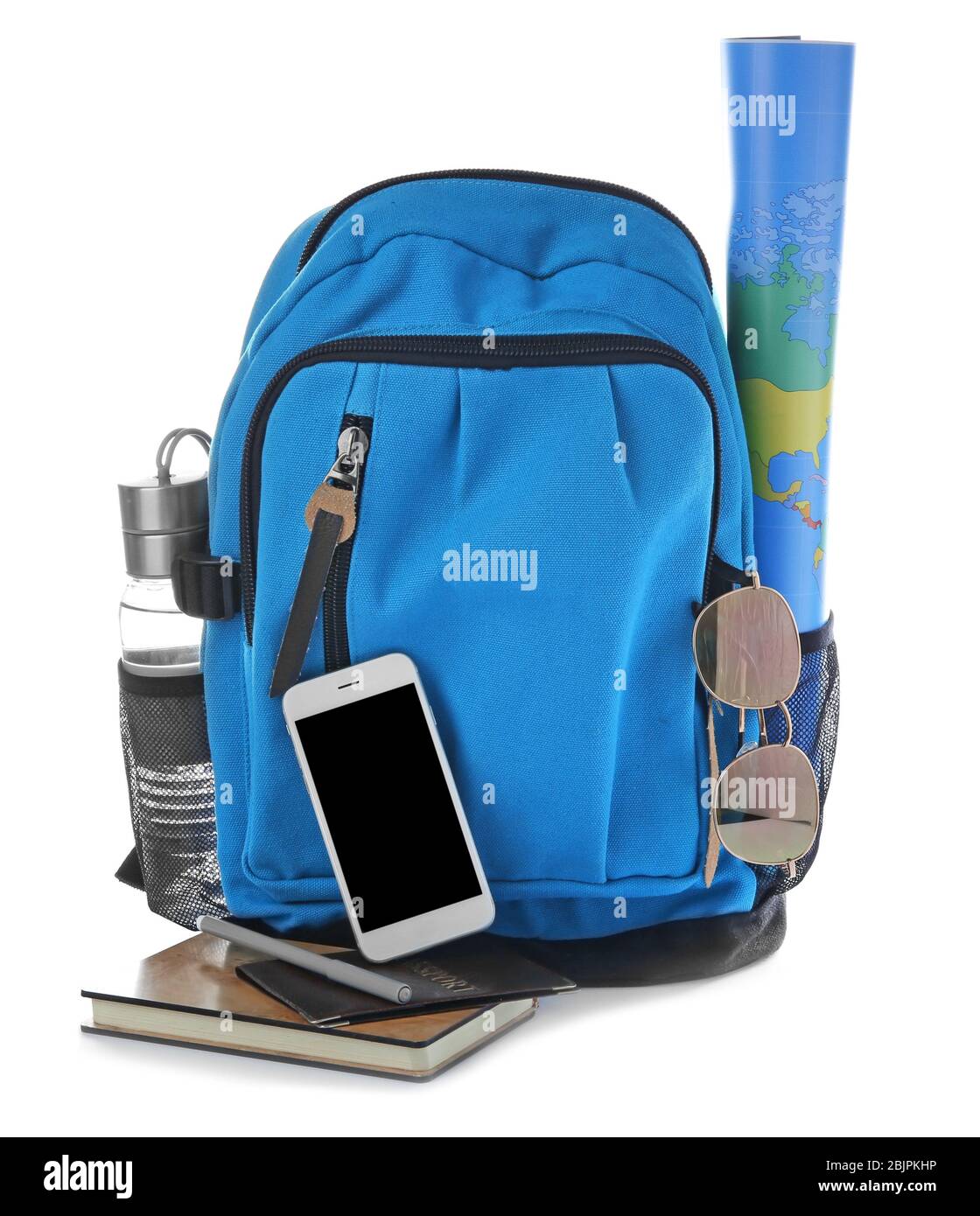 Travel backpack with phone and map, isolated on white Stock Photo - Alamy