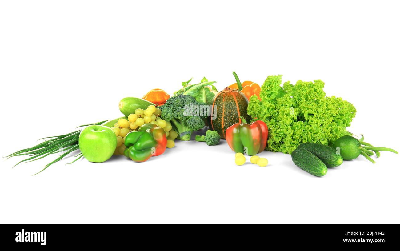 Composition of different fruits and vegetables on white background ...