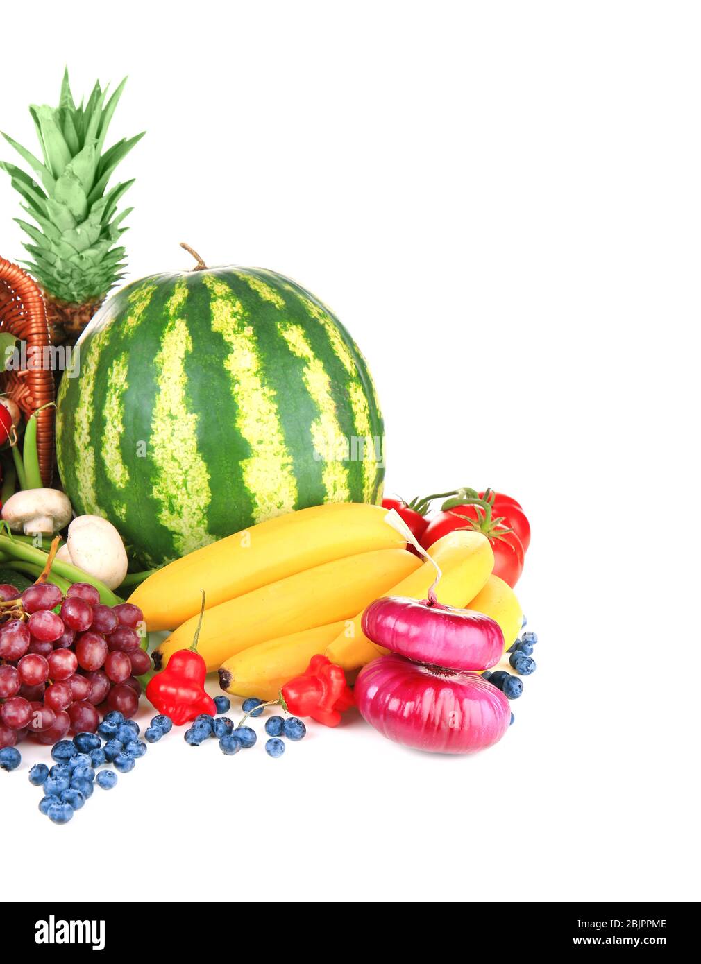 Composition of different fruits and vegetables on white background ...