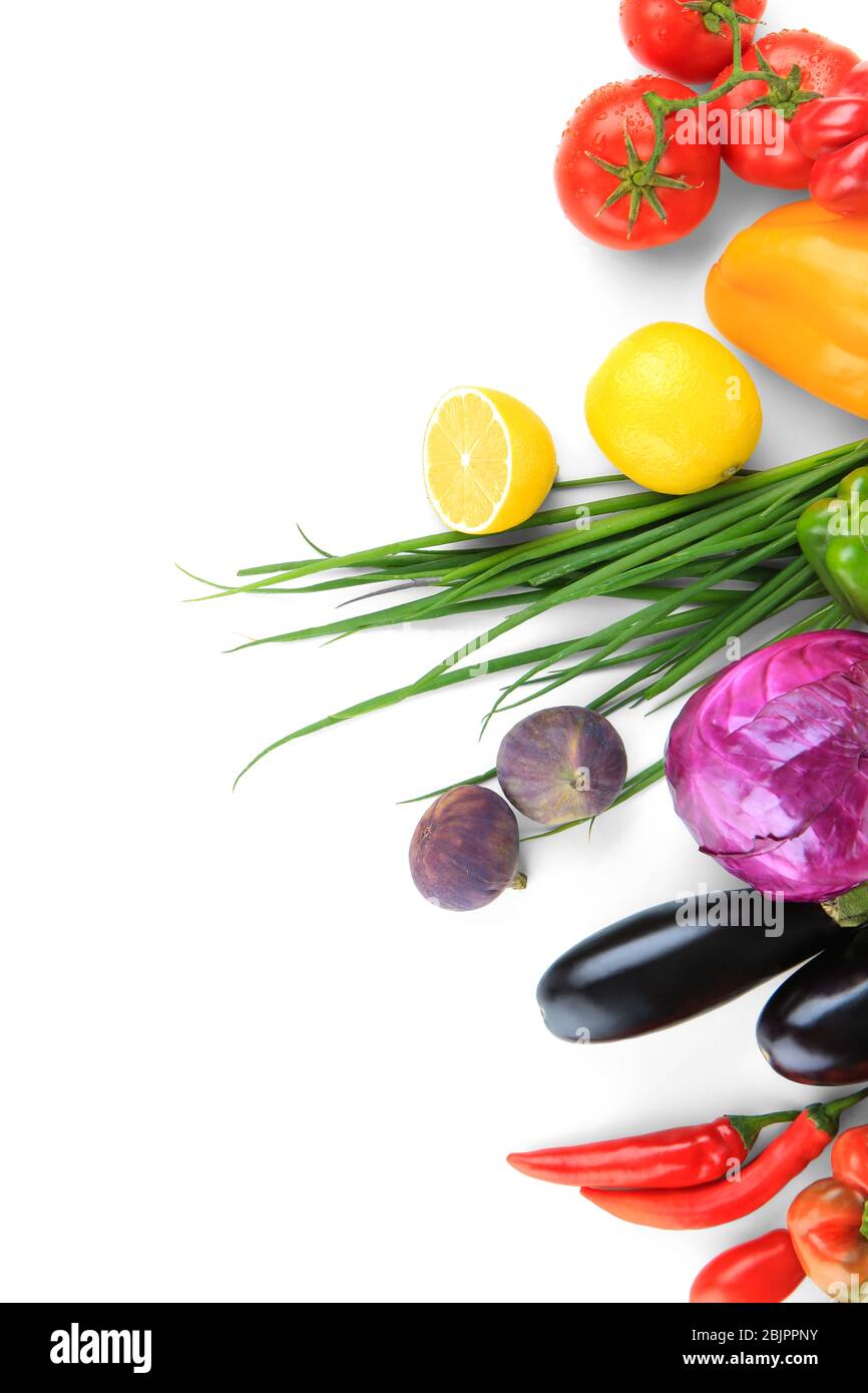 Composition of different fruits and vegetables on white background ...