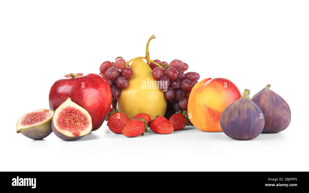 Composition of different fruits on white background Stock Photo - Alamy