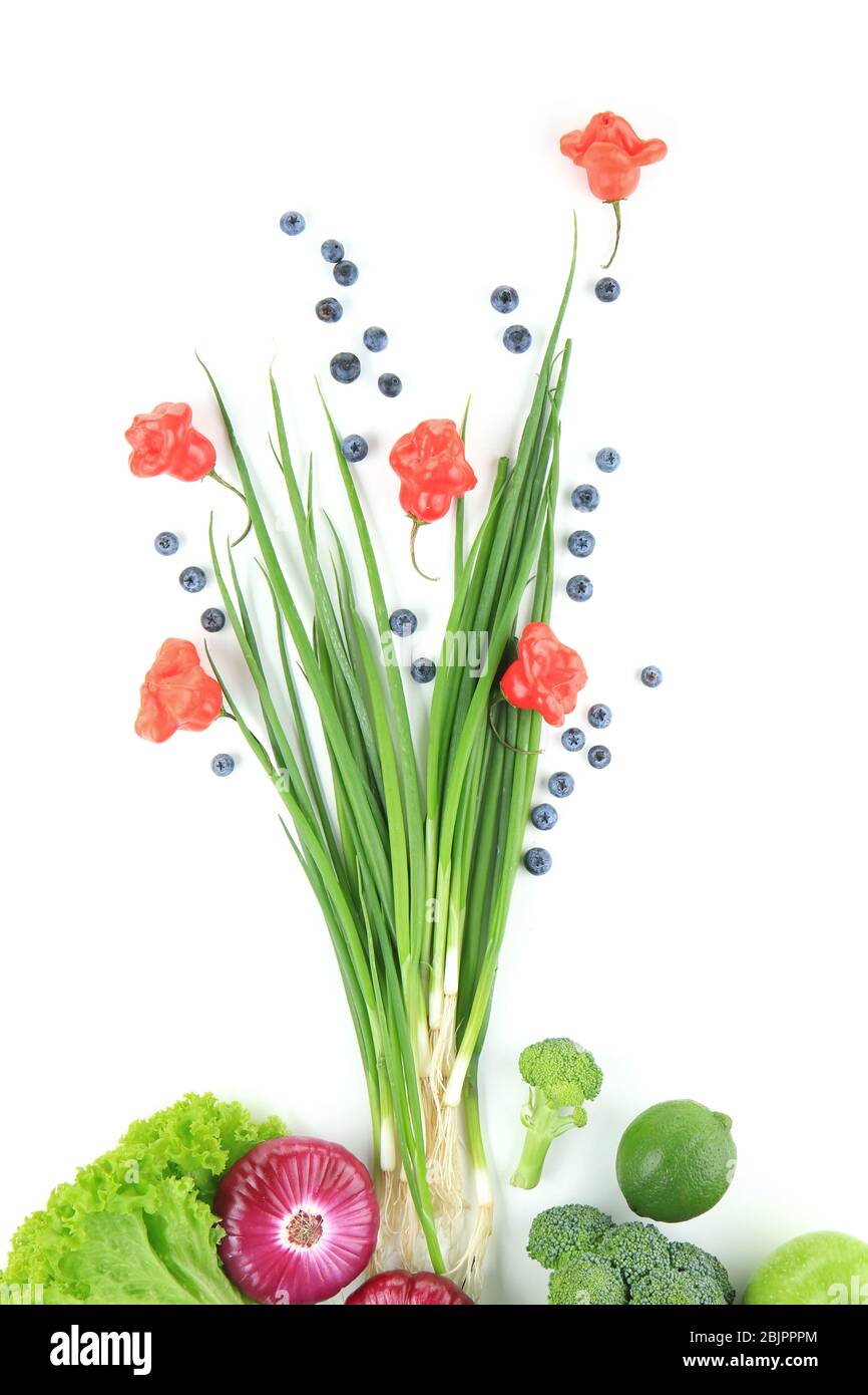 Composition of different fruits and vegetables on white background ...