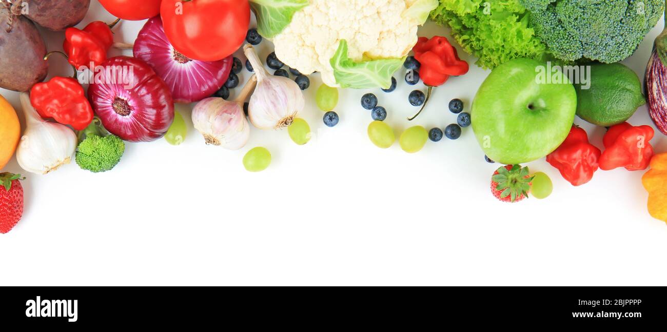 Composition of different fruits and vegetables on white background ...