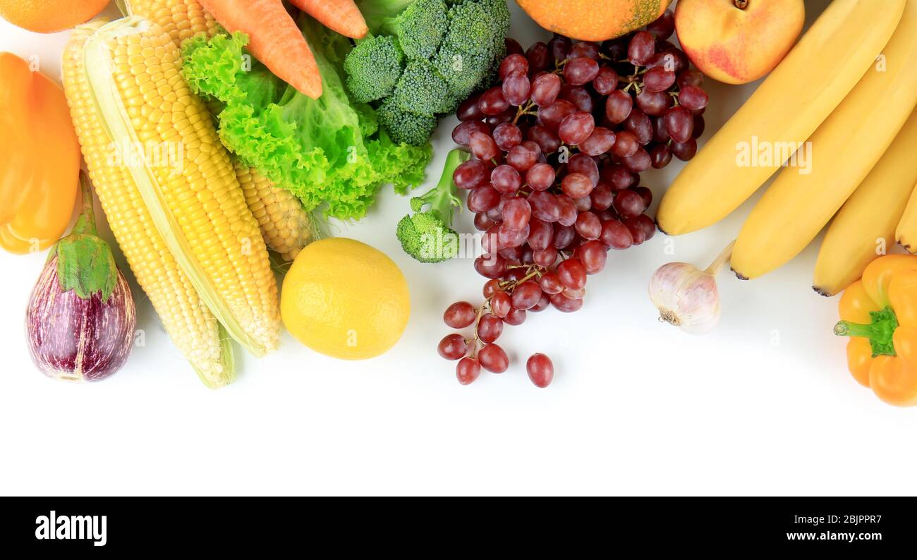 Composition of different fruits and vegetables on white background ...
