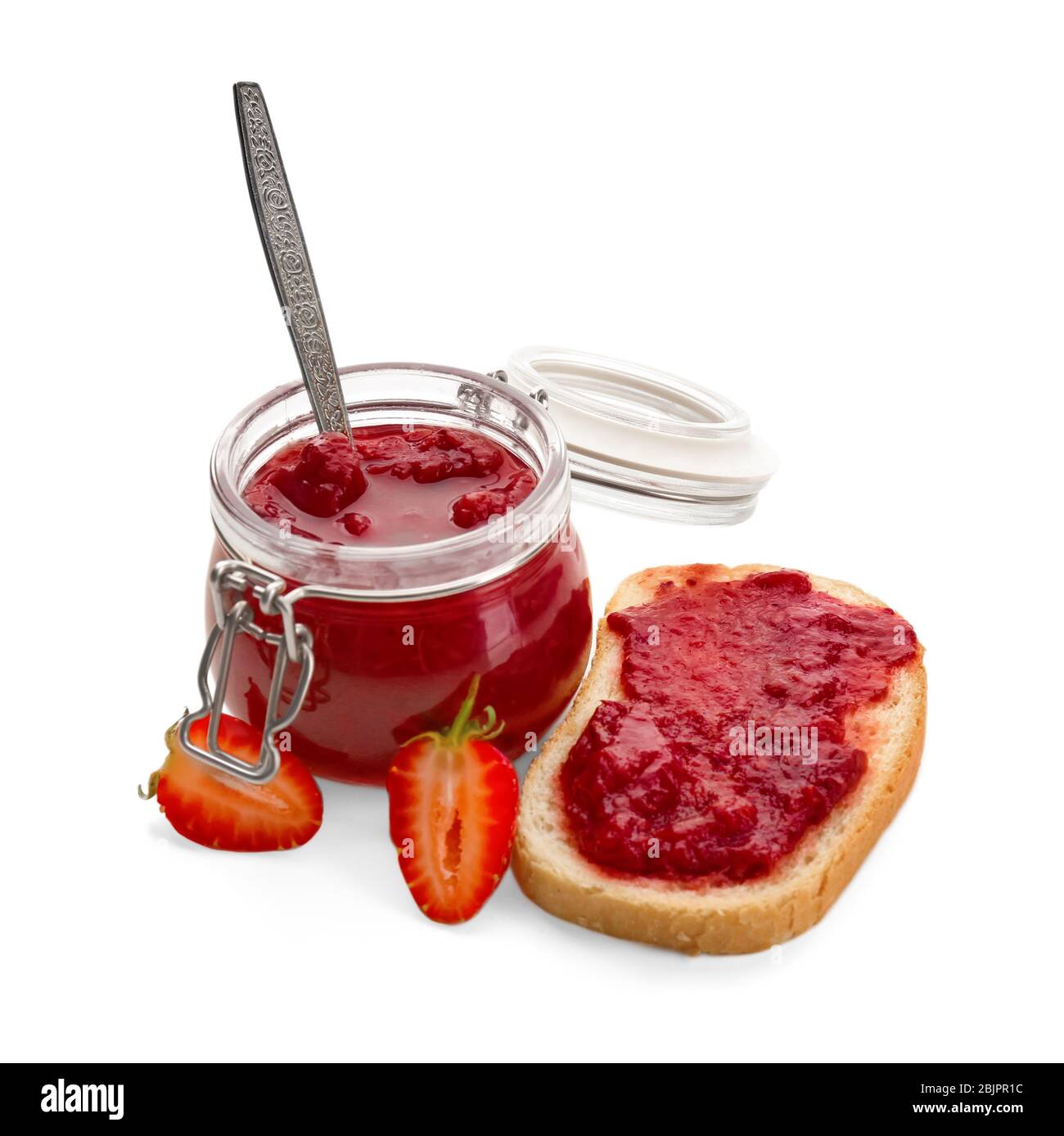 Jar and bread with strawberry jam on white background Stock Photo - Alamy