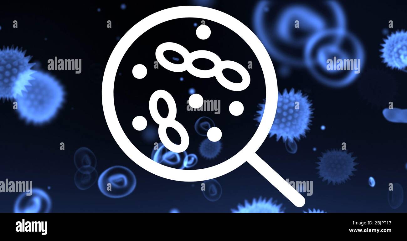 Digital illustration of a magnifying glass with viruses sign over macro ...