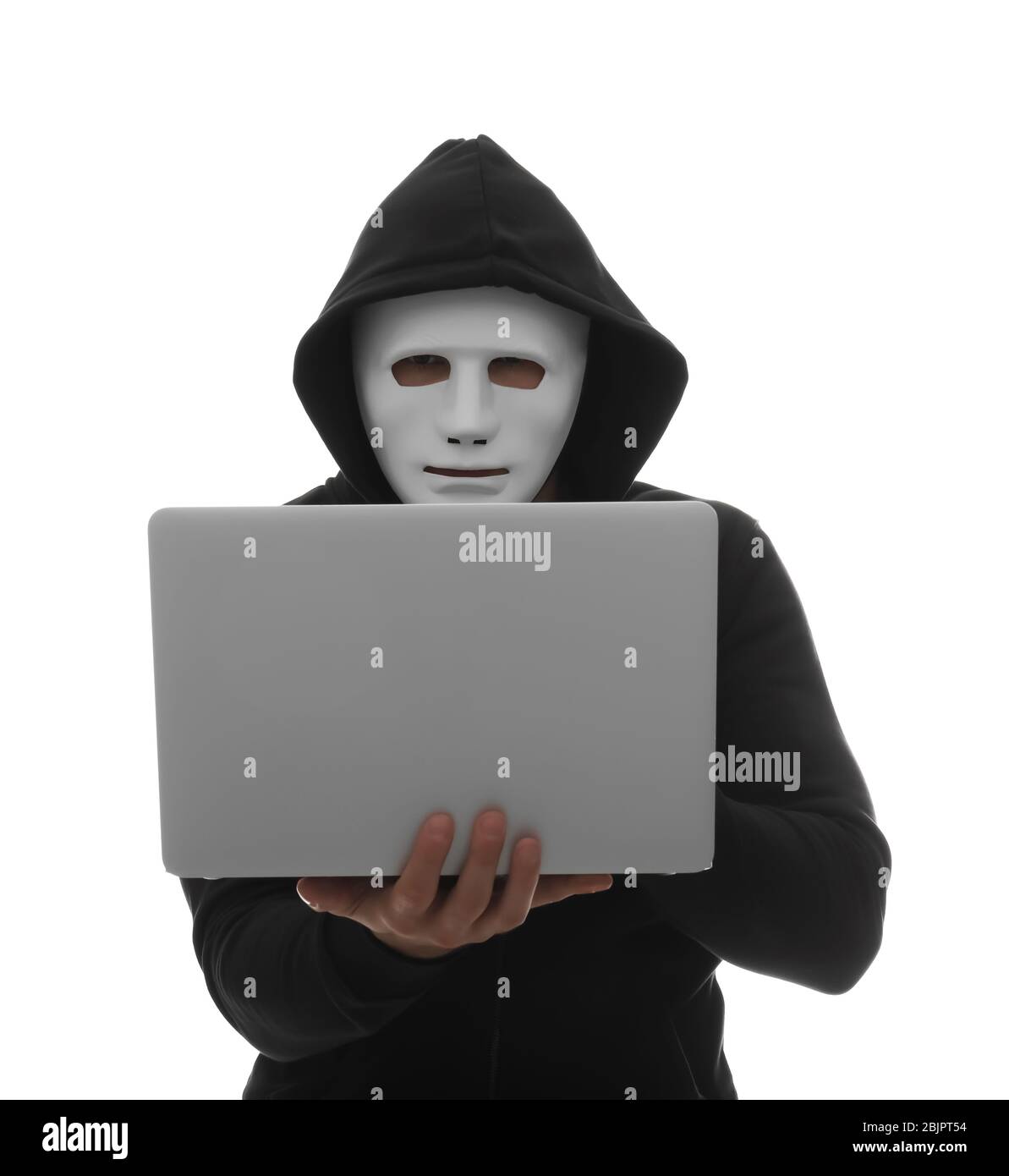 Computer hacker with laptop on white background Stock Photo - Alamy