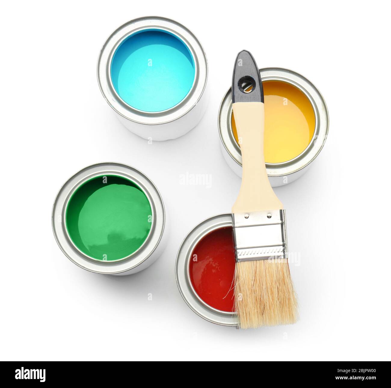 Cans with color paints and brush on white background Stock Photo - Alamy
