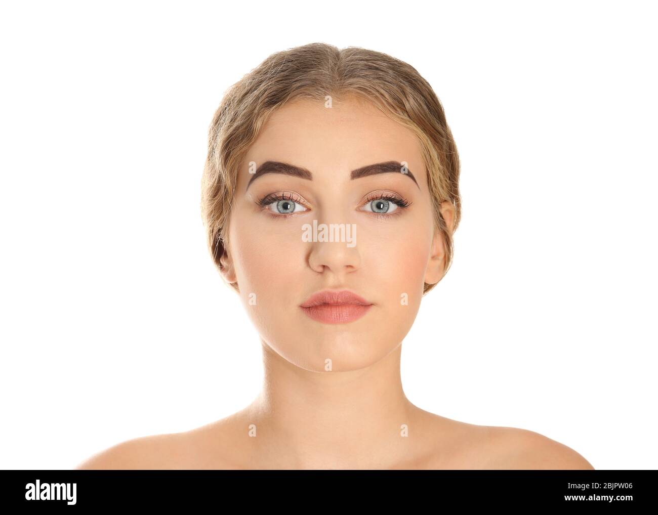 Young woman with beautiful eyebrows on white background Stock Photo - Alamy