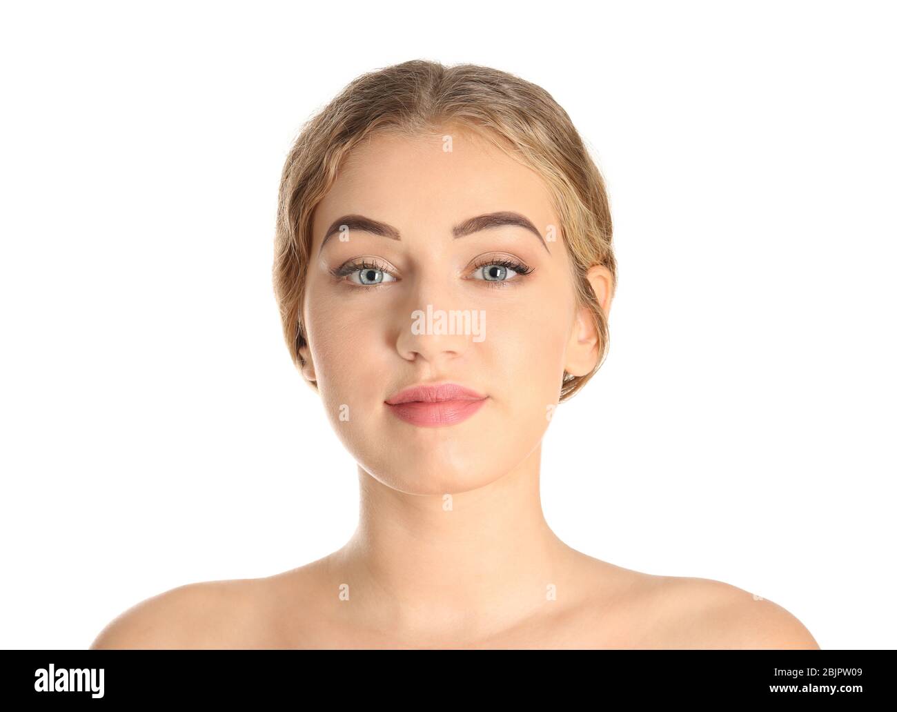 Young woman with beautiful eyebrows on white background Stock Photo - Alamy