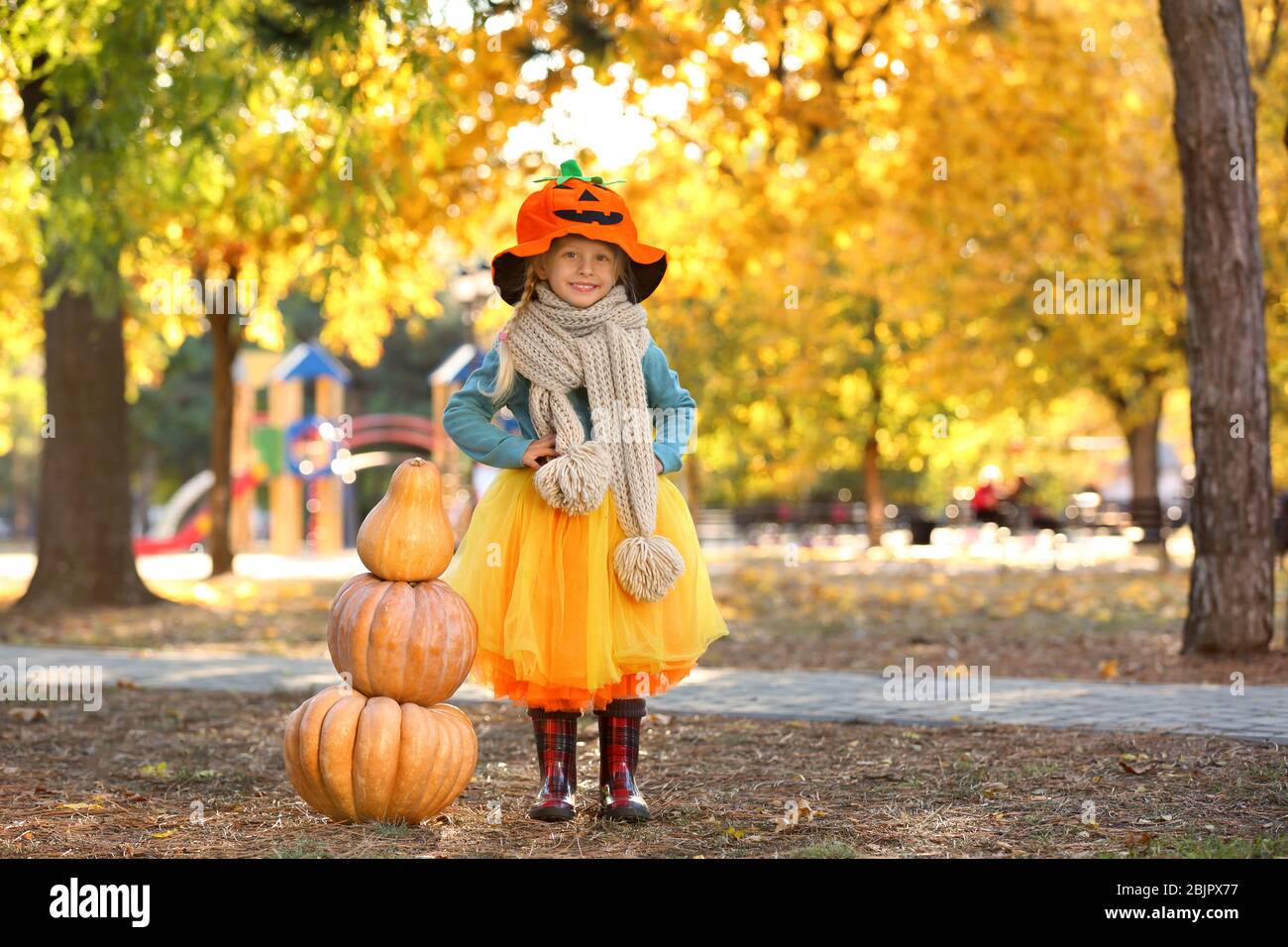 Cute little girl wearing Halloween costume in autumn park Stock Photo ...