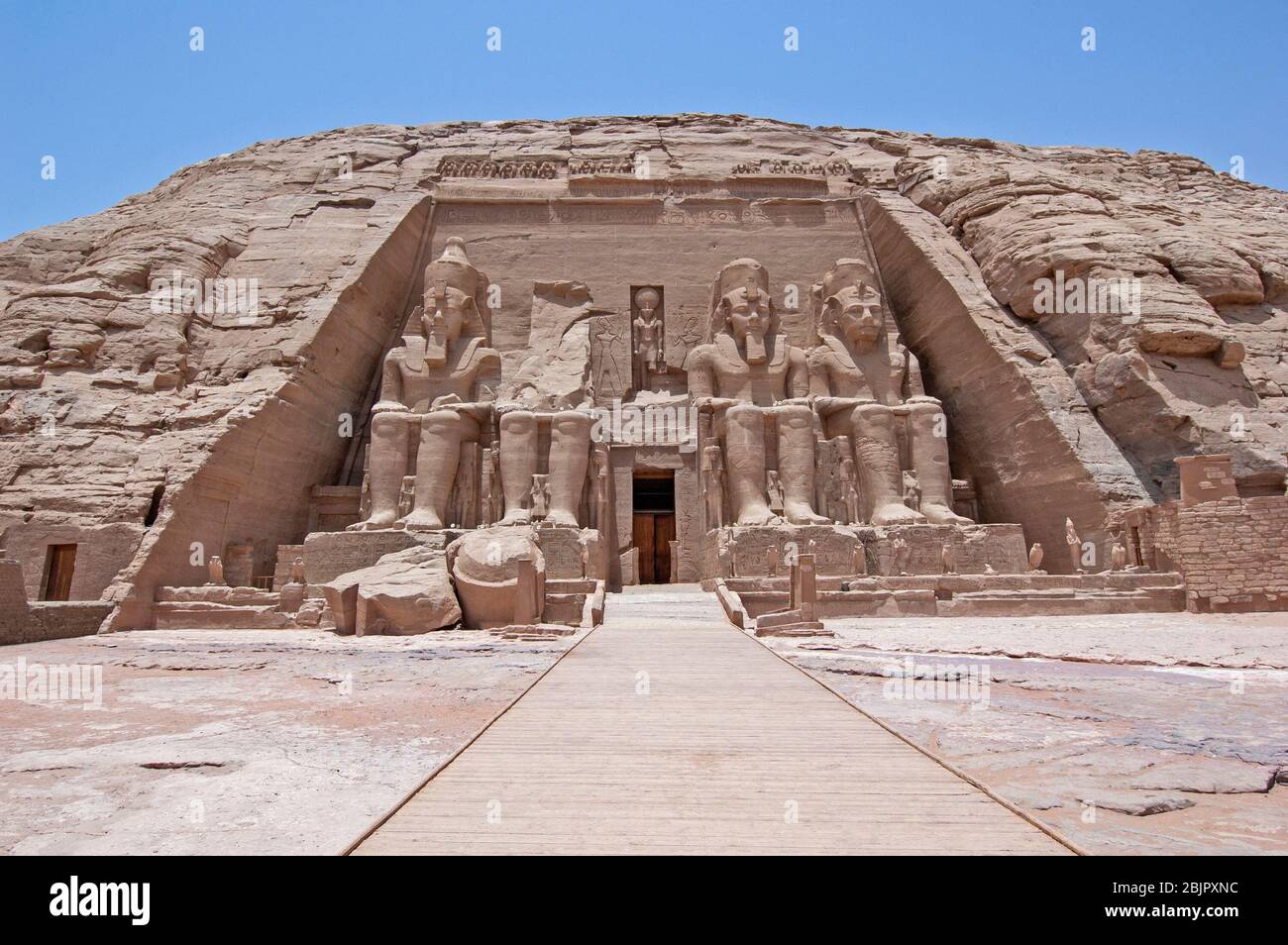 Exterior entrance to ancient egyptian temple of Ramses II in Abu Simbel ...