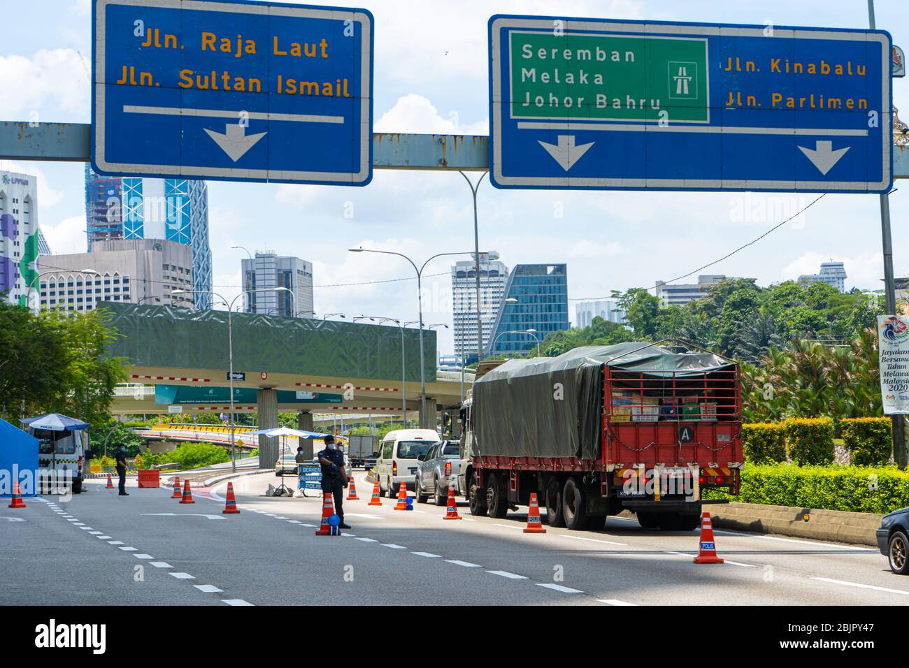Police road block post. Police control on the highway before entering ...