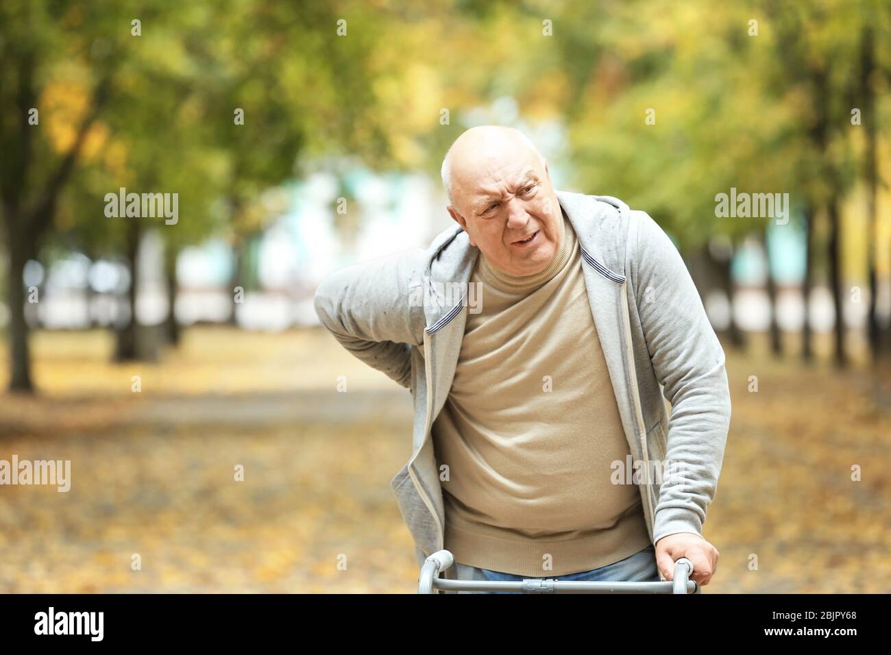 Elderly man with walking frame in autumn park Stock Photo - Alamy