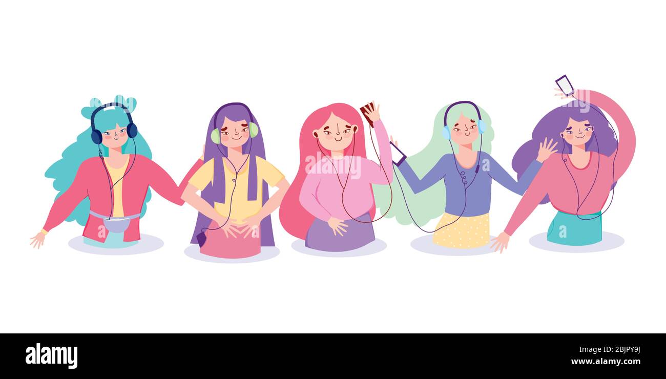 group girls listening music with smartphone through earphones vector ...
