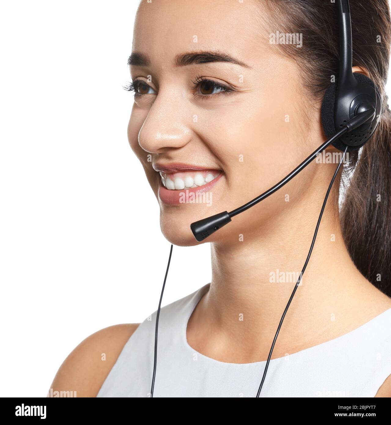 Female consulting manager with headset on white background Stock Photo ...
